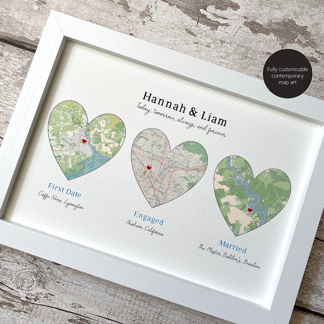 Custom Contemporary 3 Location Map Art, Met Engaged Married Home ...