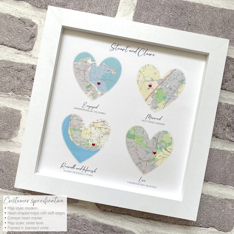 Silk Love Story Map Art, Any 4 Locations, 4th 12th Wedding Anniversary ...