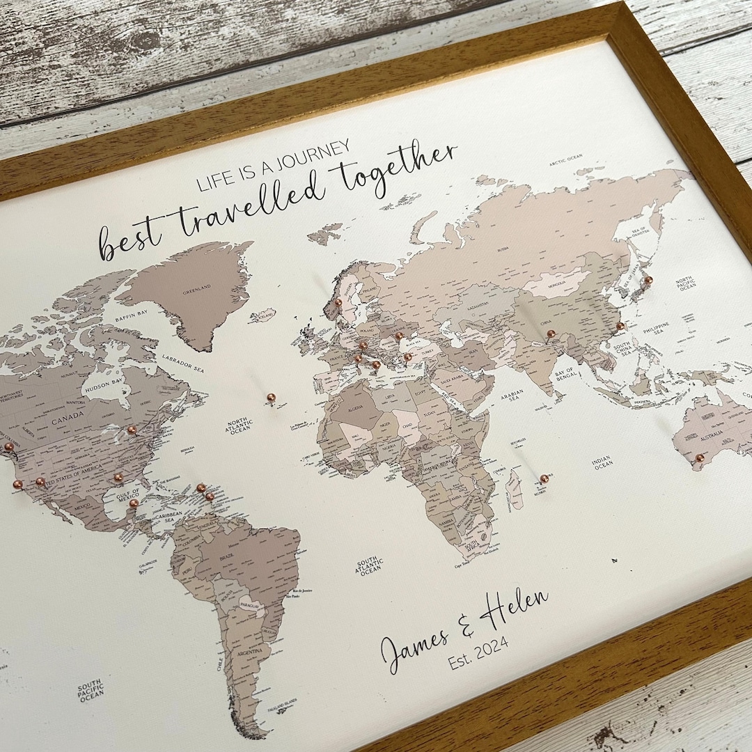 Custom Detailed Political World Push Pin Map, Natural Vintage Colour ...