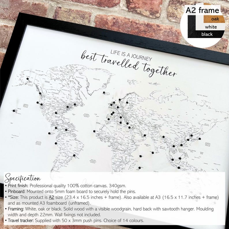 Minimalist World Push Pin Map, A2 Travel Tracker, Detailed Political ...
