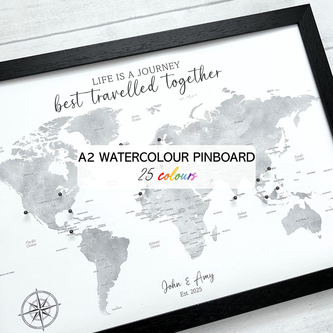 Personalised A2 Watercolour World Map Pinboard, Framed Push Pin Travel ...