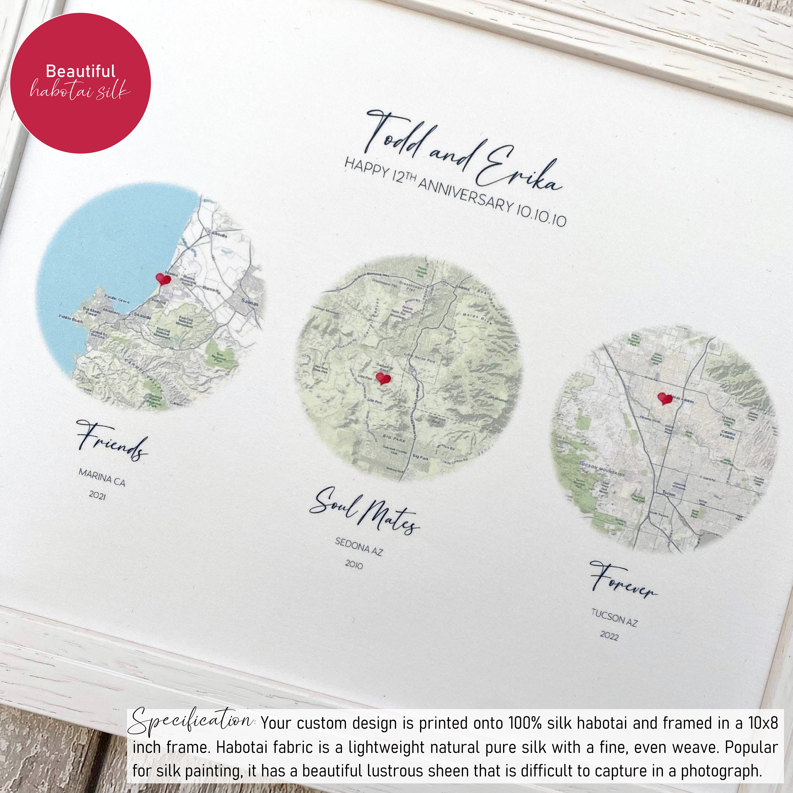 Topographical Silk Map Art, Any 2 or 3 Locations, 4 or 12 Years ...