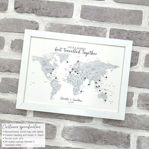 Custom Grayscale Monochrome Push Pin World Map, Small Personalised ...