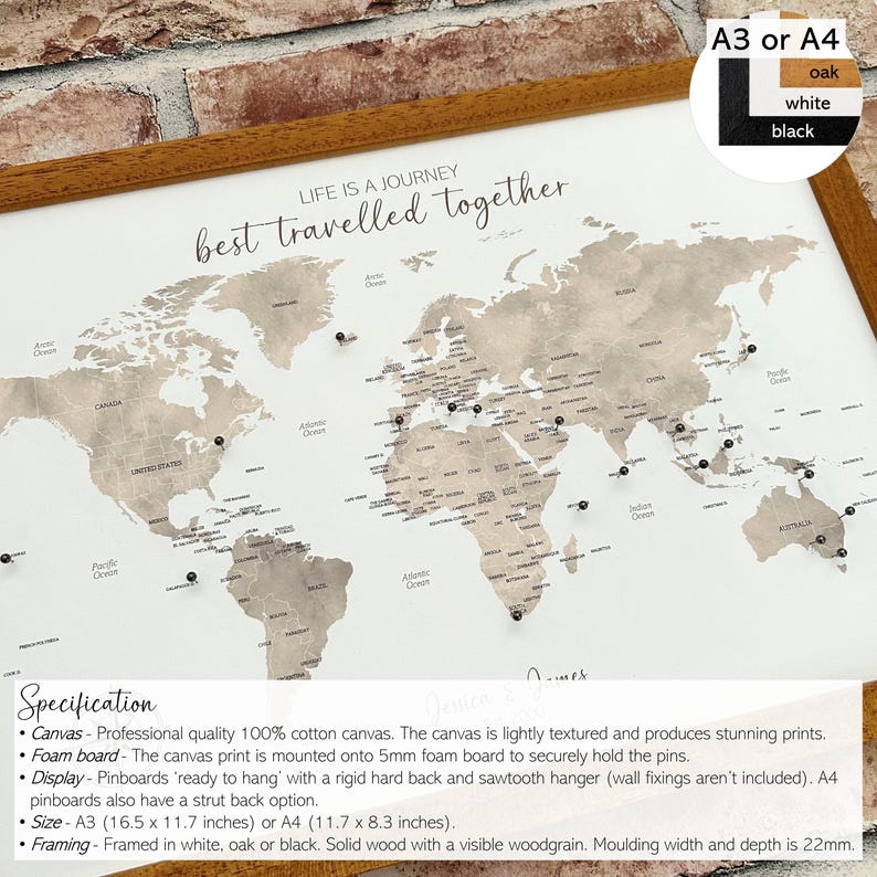 Custom World Map Push Pin Board, Travel Map With Pins, 24 Watercolour ...