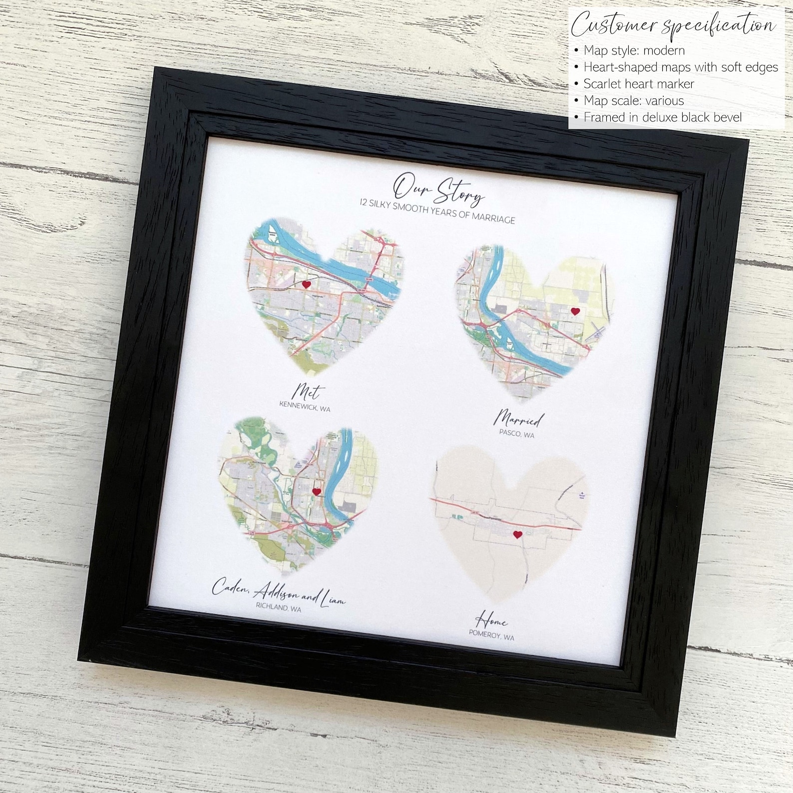 Silk Love Story Map Art, Any 4 Locations, 4th 12th Wedding Anniversary ...