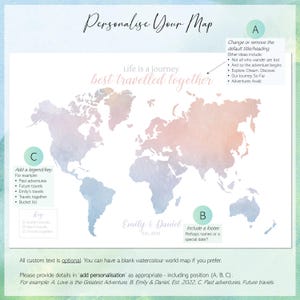 Custom Watercolour Push Pin World Map, Small Personalised Canvas ...