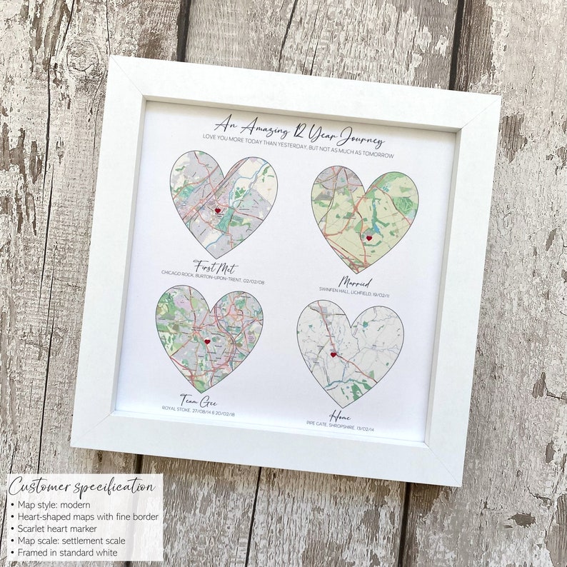 Silk Love Story Map Art, Any 4 Locations, 4th 12th Wedding Anniversary ...