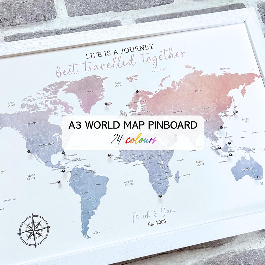 Custom World Map Pinboard, Personalised Travel Tracker, 24 Watercolour ...