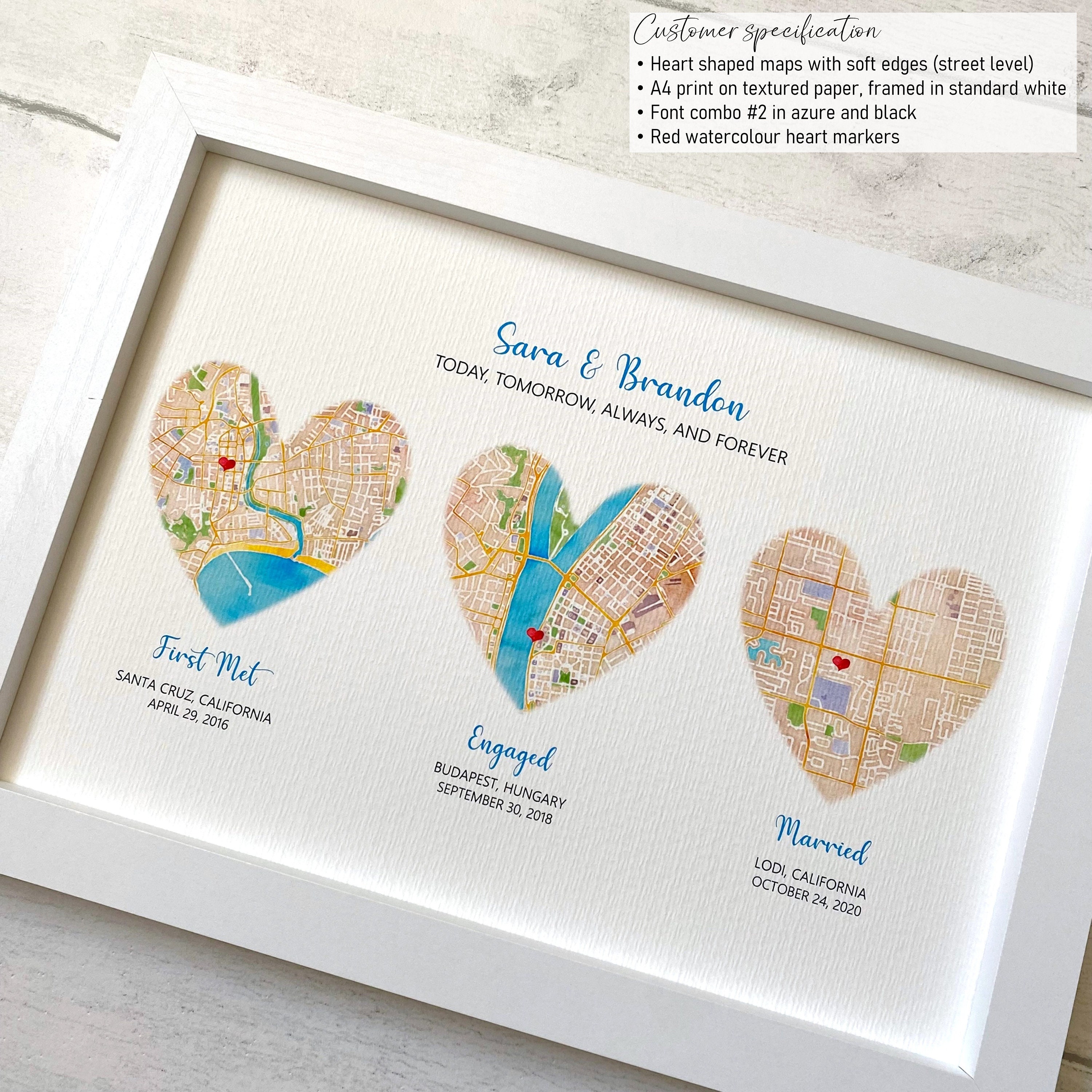 Triple Watercolour Map Print Couple Love Story Art Met | Etsy UK