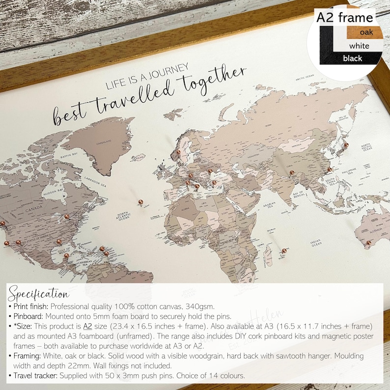 Personalised A2 World Push Pin Map, Travel Tracker, Detailed Political ...