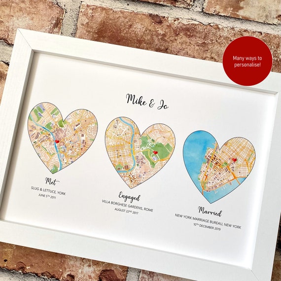 Triple Watercolour Map Print Couple Love Story Art Met - Etsy