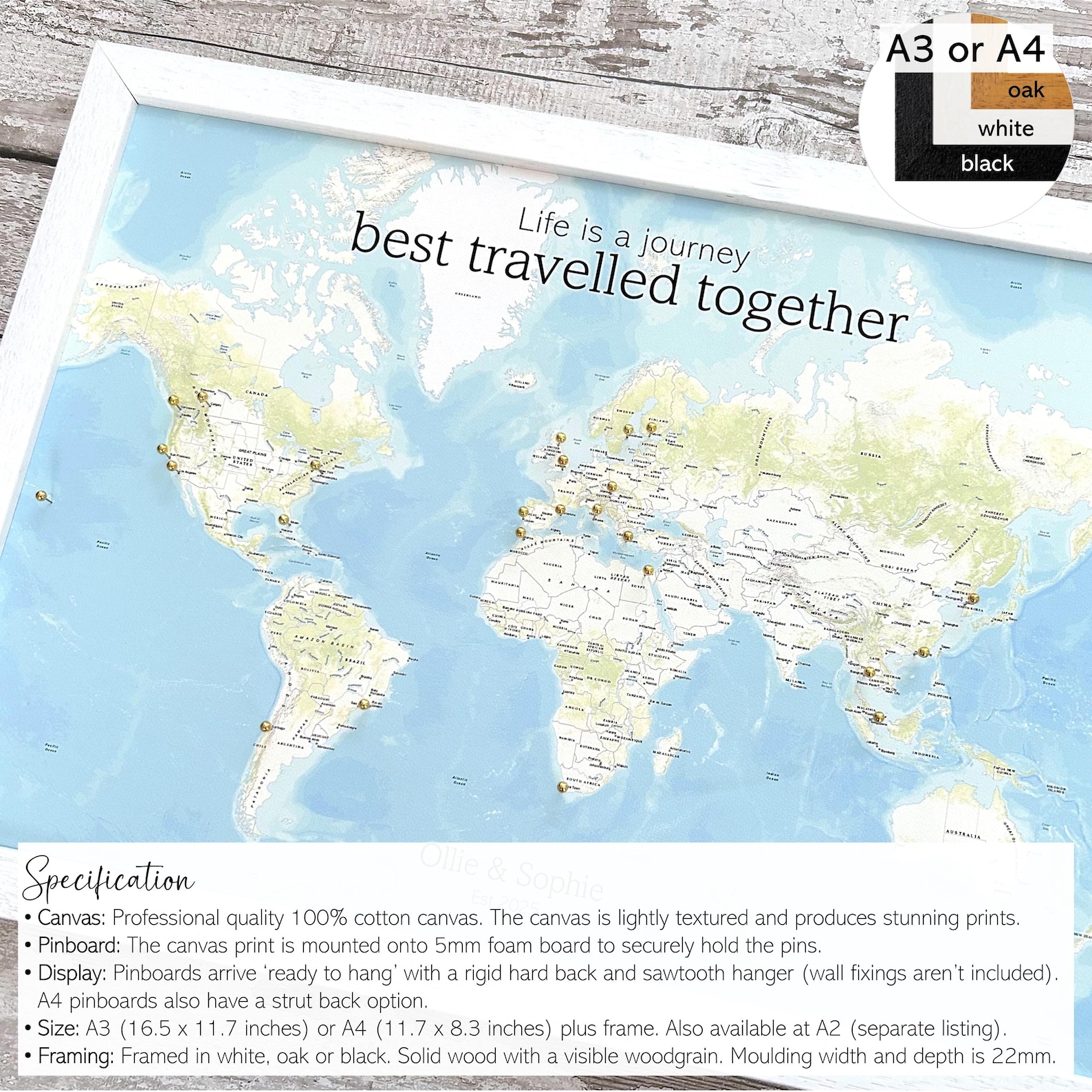 Custom Push Pin Physical World Map, Small Personalised Canvas Pinboard ...