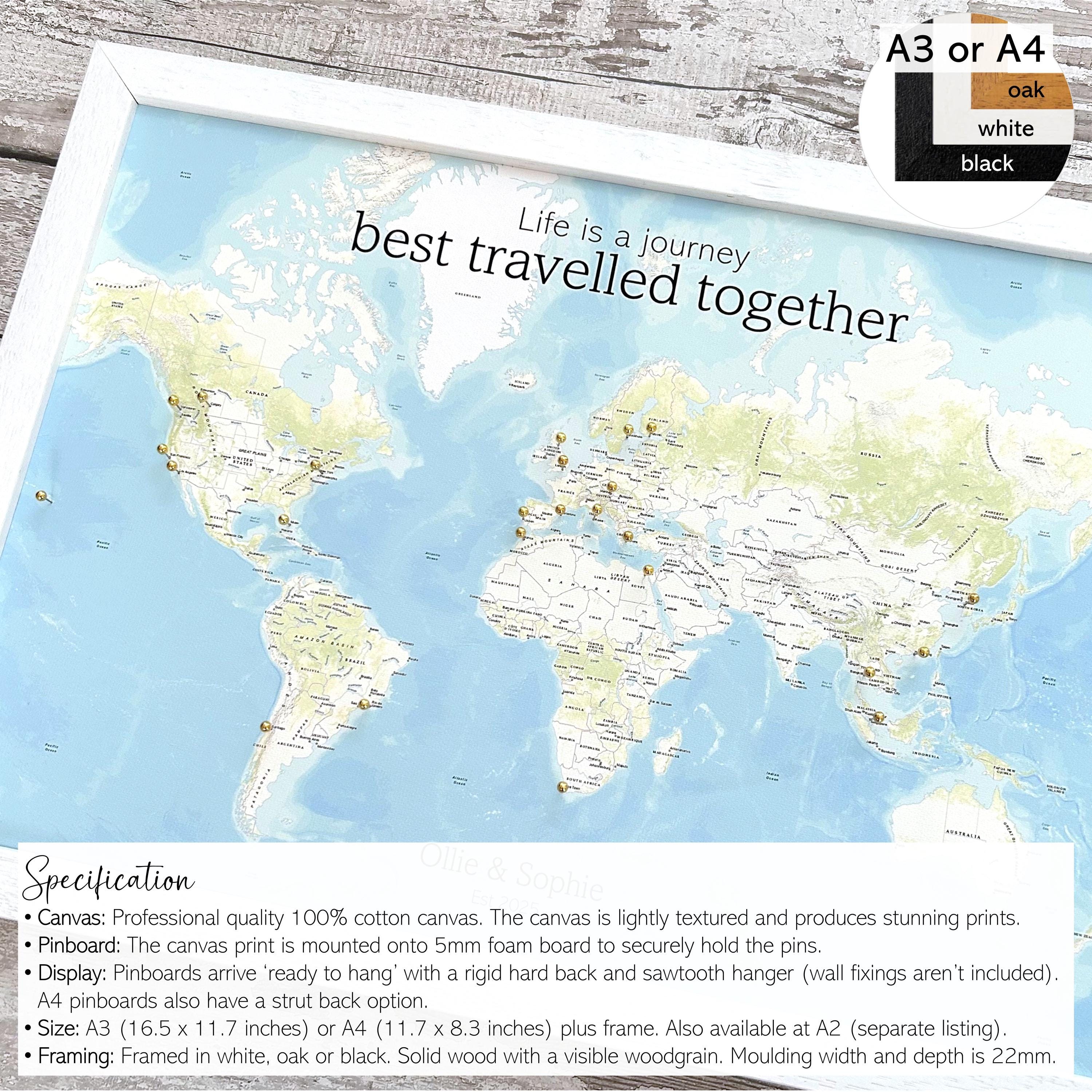 Custom Push Pin Physical World Map, Small Personalised Canvas Pinboard ...