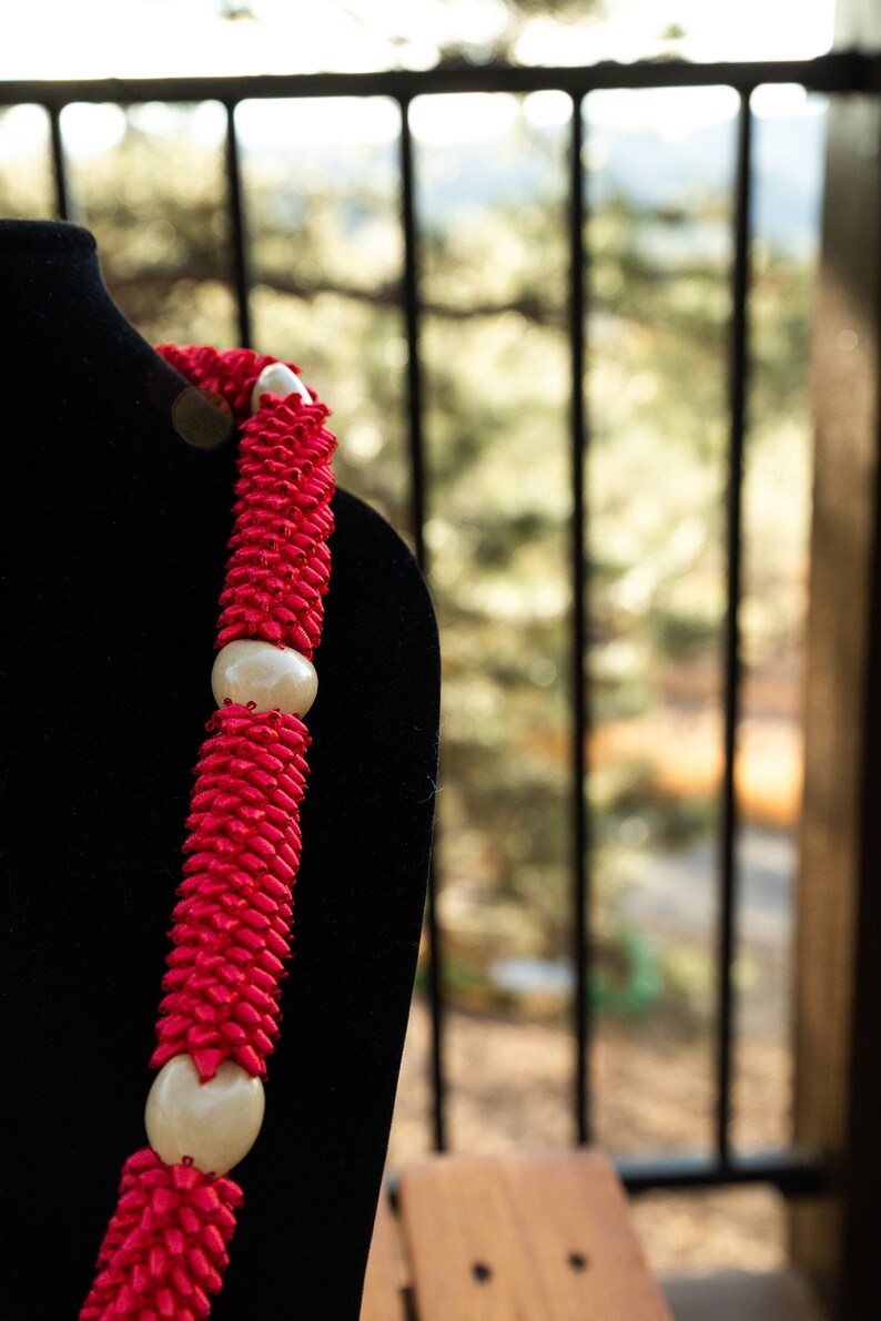 Red Satin Ribbon Lei With White Kukui Nuts - Etsy
