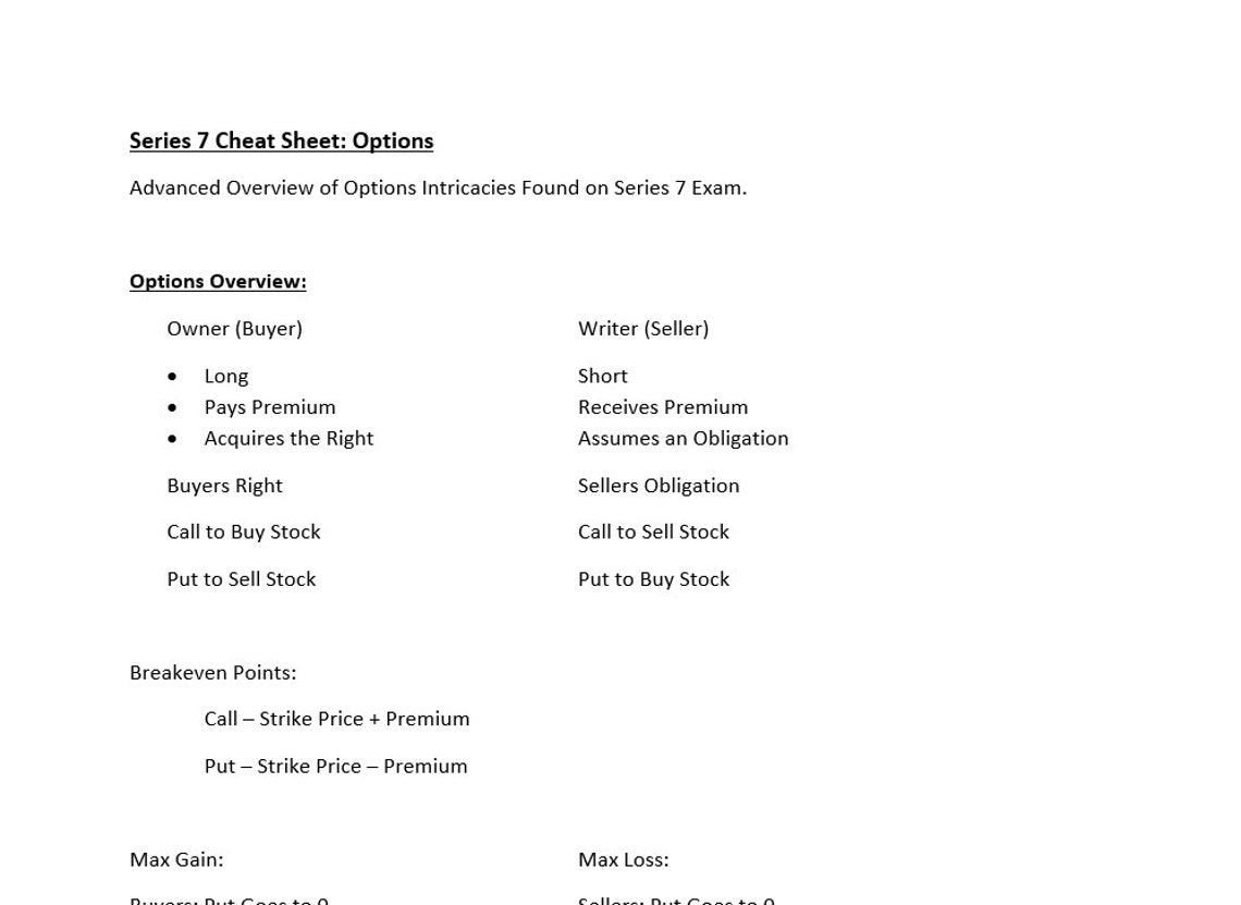 Three Page Series 7 Cheat Sheet: Options Terms Study Sheet - Etsy