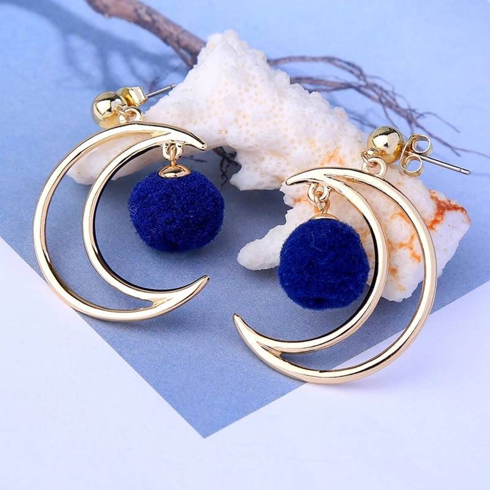 Gold half moon earringsMoon dangle earringsBlue moon | Etsy