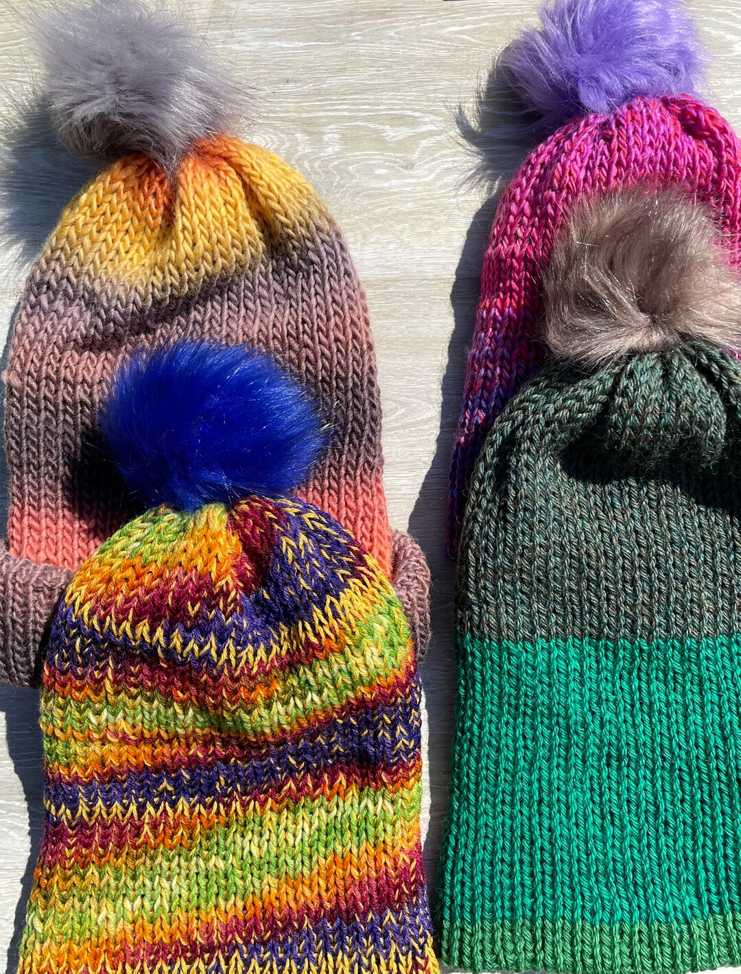 Scrappy Yarn Hats, Knit Hats, Knit Wool Hats, Pom Pom Hats - Etsy