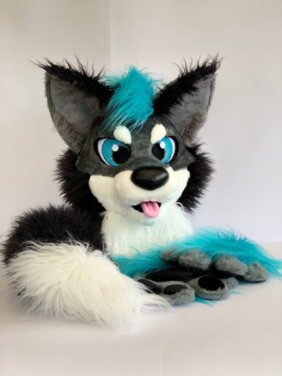 Premade Wolf Fursuit Head Hand Paws Tail, Teal Fursuit Partial, Furry ...