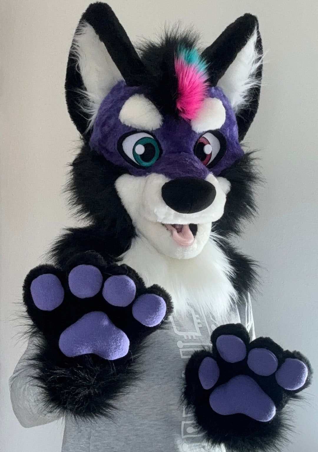 Wolf Fursuit Head and Hand Paws XL Size Made to Order, Grey Teal ...