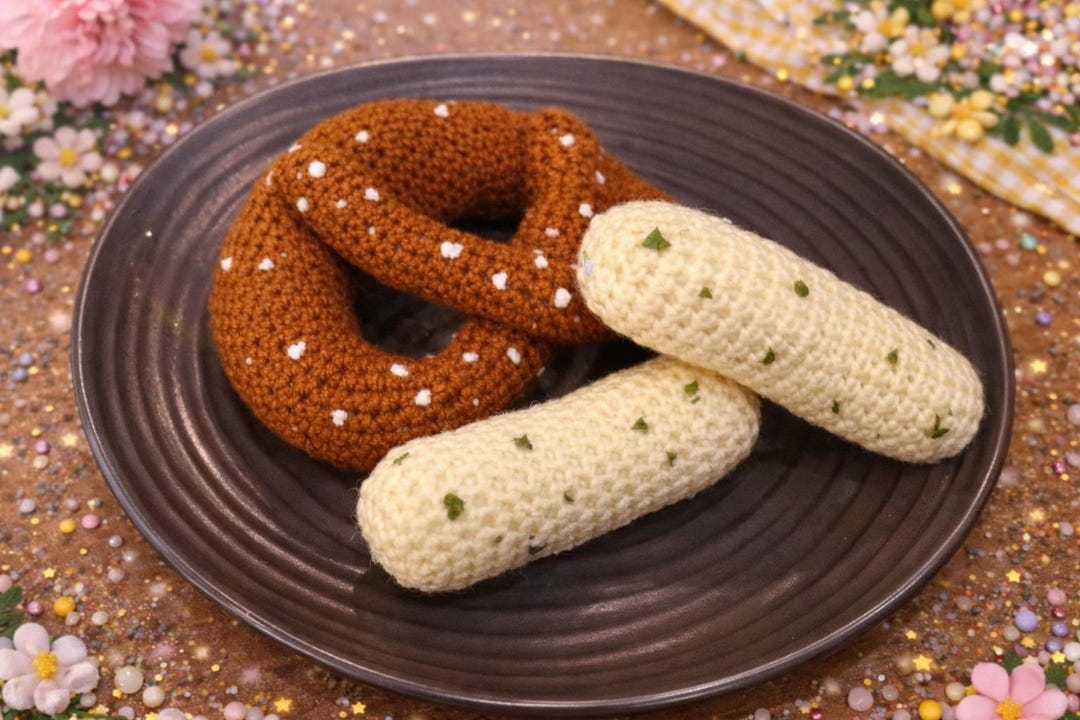 Crocheted White Sausage With Pretzel - Children's Kitchen - Crochet ...
