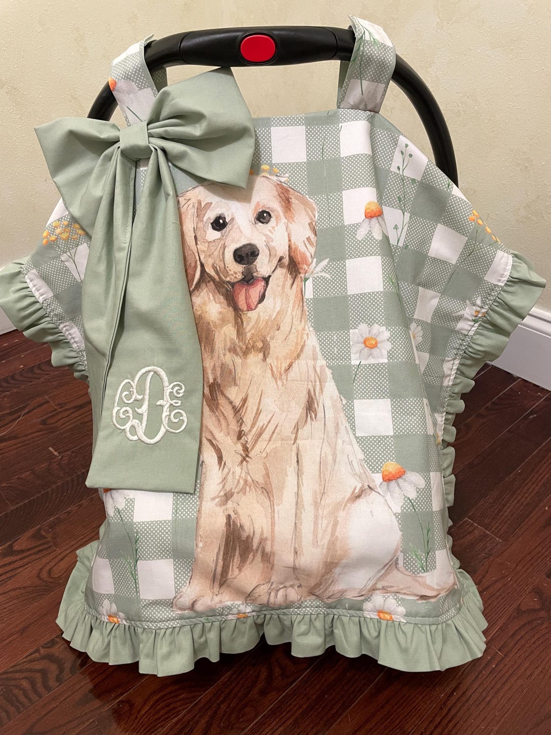 Golden Retriever and Daisies Car Seat Canopy With Large Bow and Ruffle ...