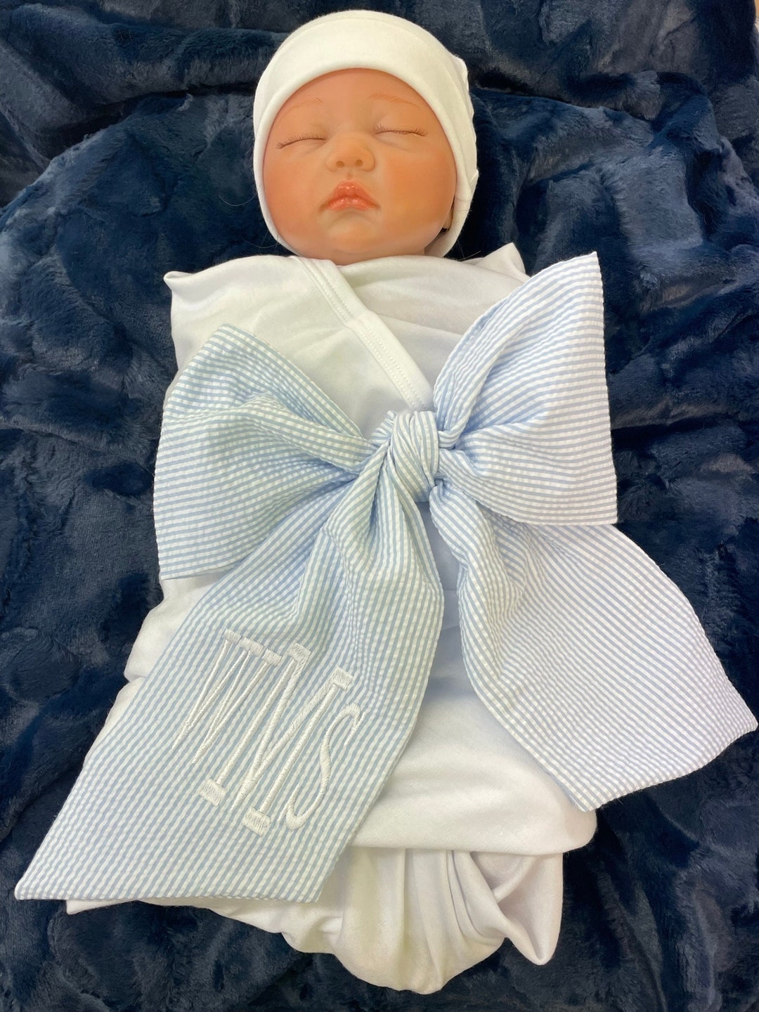 Monogrammed Newborn Infant Baby Seersucker Bow Sash Blanket, Maternity ...