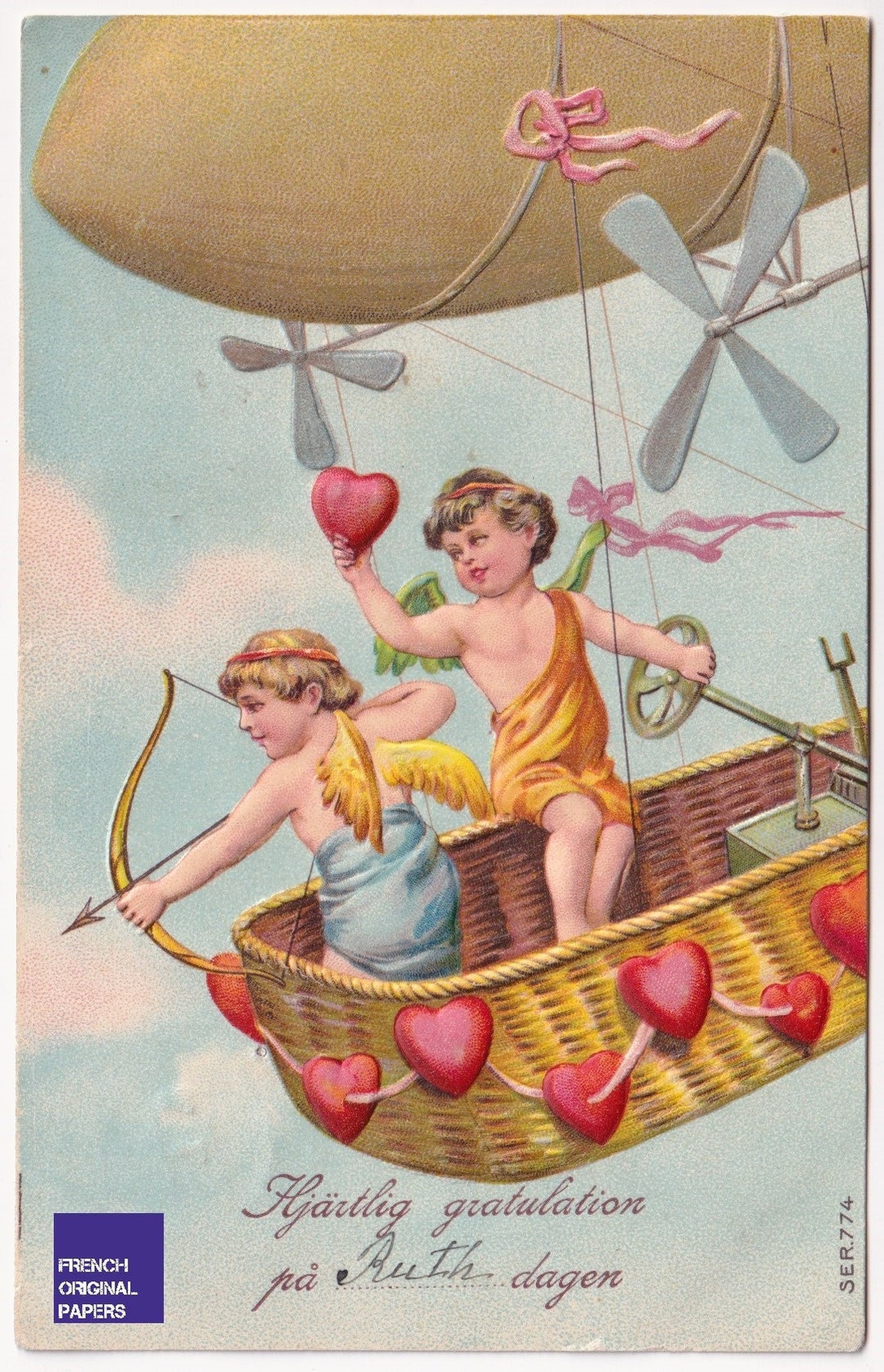 Congratulations Lovely Vintage Embossed Swedish Old Postcard 1918 Angel ...