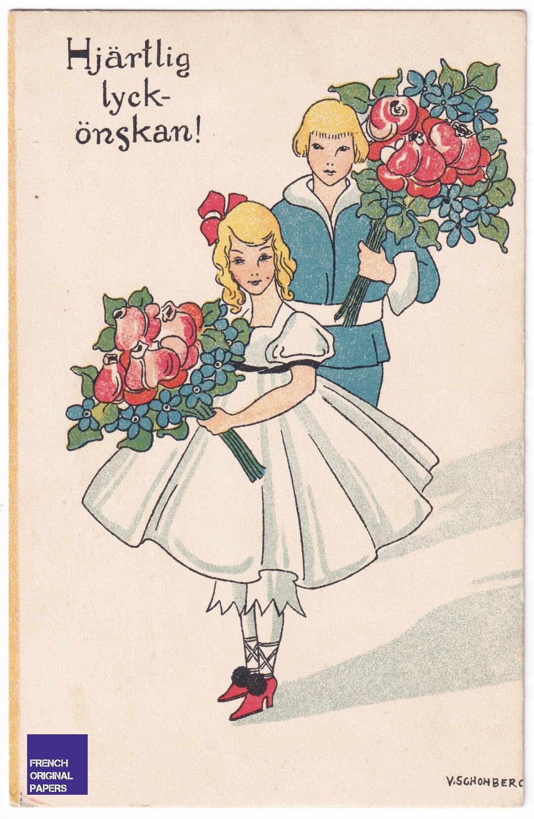 Congratulations - 1930s Vintage Swedish Postcard Illustrator Schonberg ...