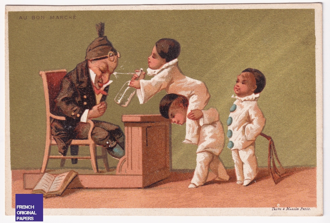 School Prank - Beautiful Victorian Trade Card 1890 Au Bon Marché Paris ...