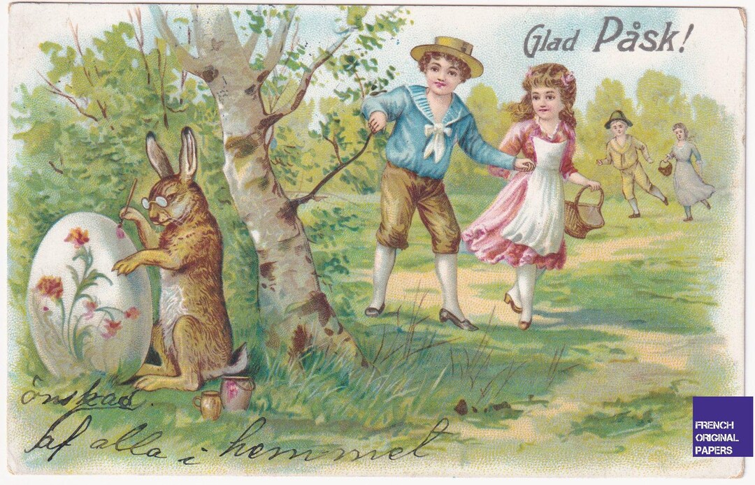 Happy Easter 1905s - Lovely Swedish Old Postcard - Rabbit is Painting ...