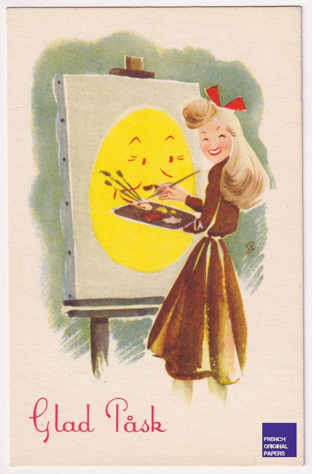 Happy Easter - Lovely Antique Greeting Swedish Postcard 1945 - Woman is ...