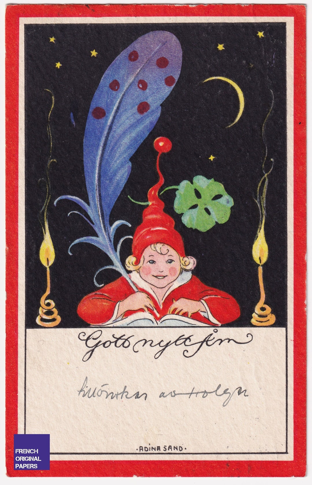 Adina Sand Happy New Year Wishes Vintage Old Postcard From Sweden 1929 ...