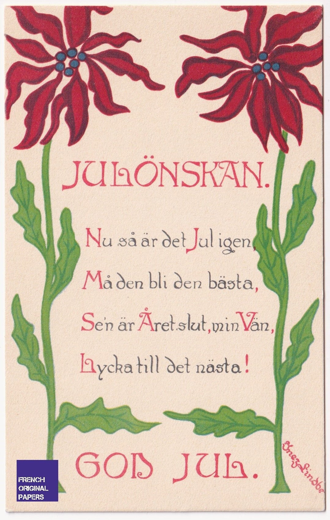 Inez Lindberg -superb Vintage Merry Christmas Postcard From Sweden 1925 ...
