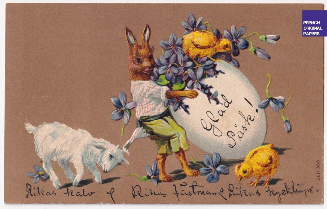 Humanized Rabbit Happy Easter Scene lovely Antique Greeting Embossed ...