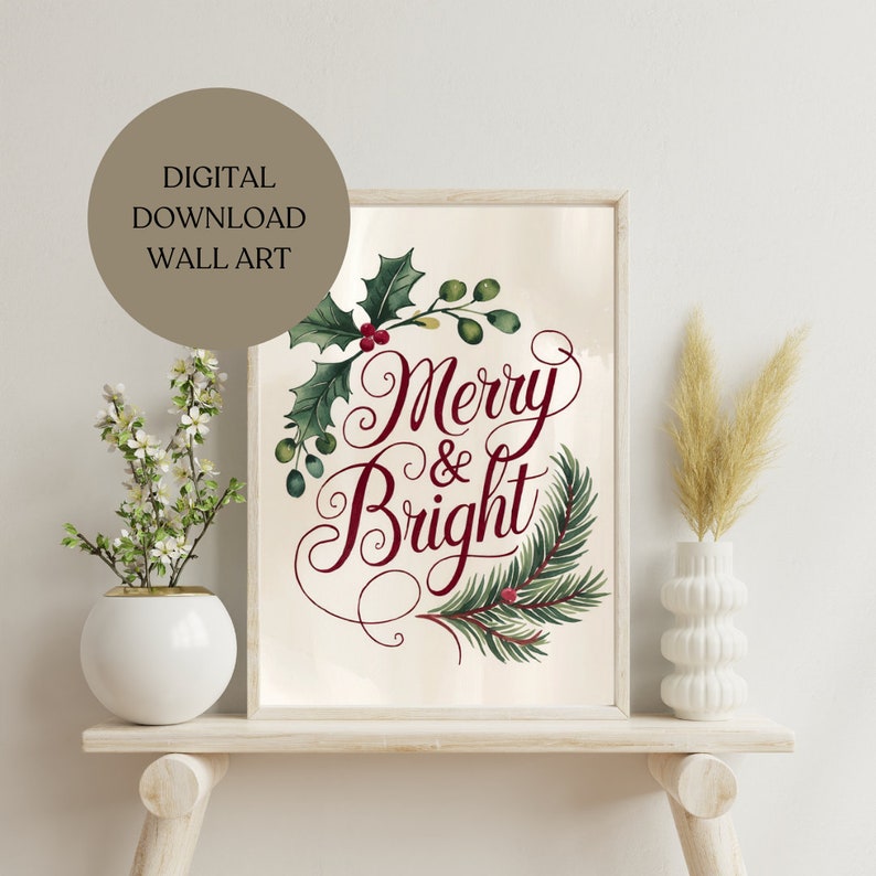 Merry & Bright Holiday Digital Download Vintage Christmas Wall Art ...