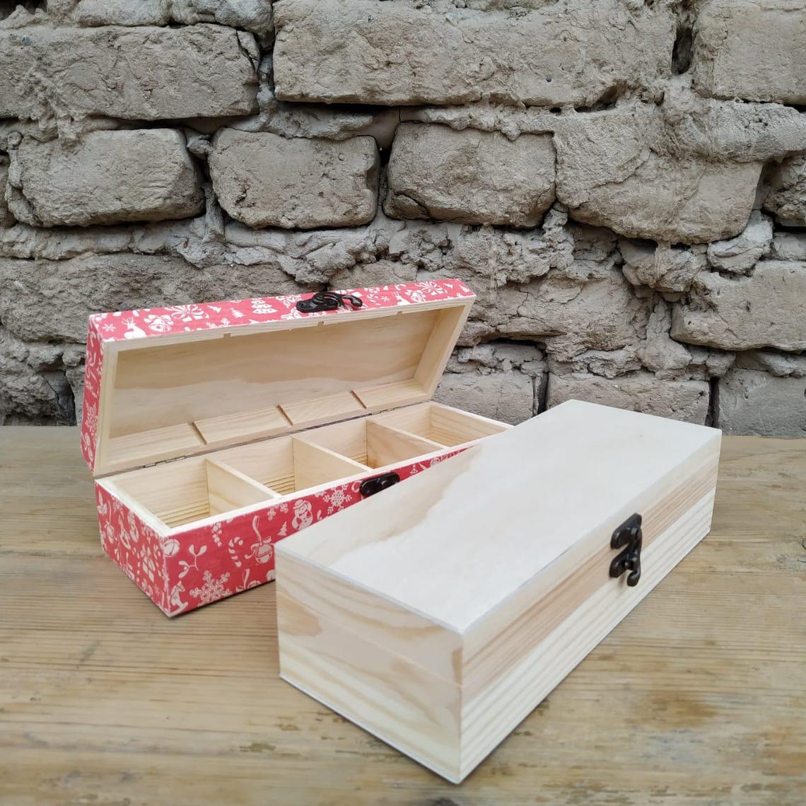 Wooden Storage Box With Compartments | Natural Pine Organizer for ...