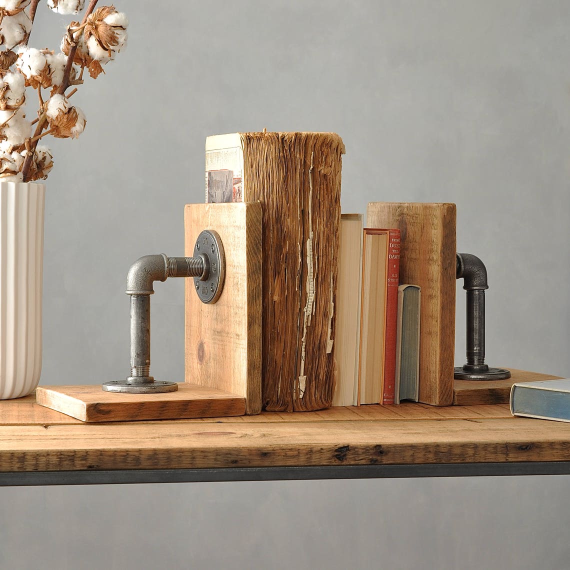 Pair of Industrial Wood and Steel Bookends - Etsy