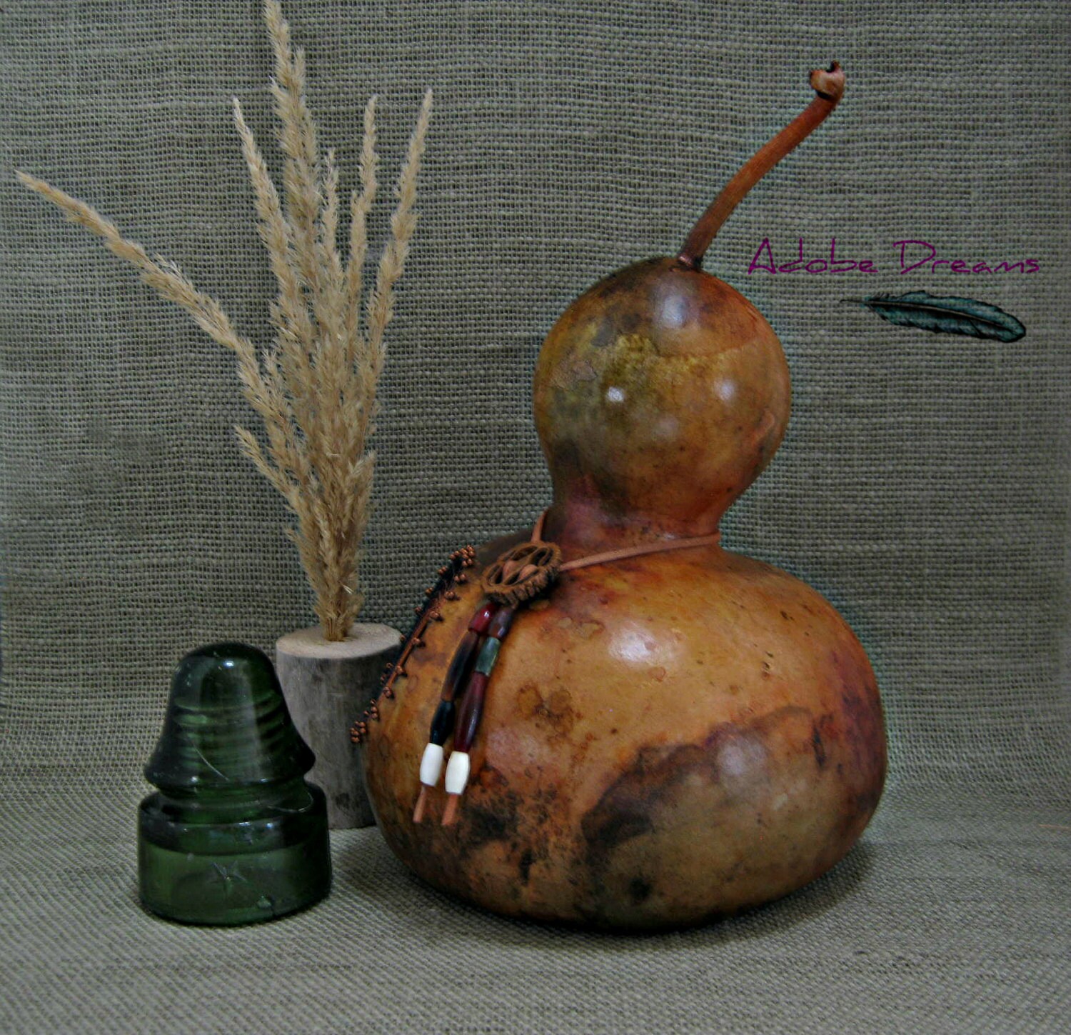 Natural Hand Stained Gourd With Dream Catcher, Beads, Walnut Shell ...
