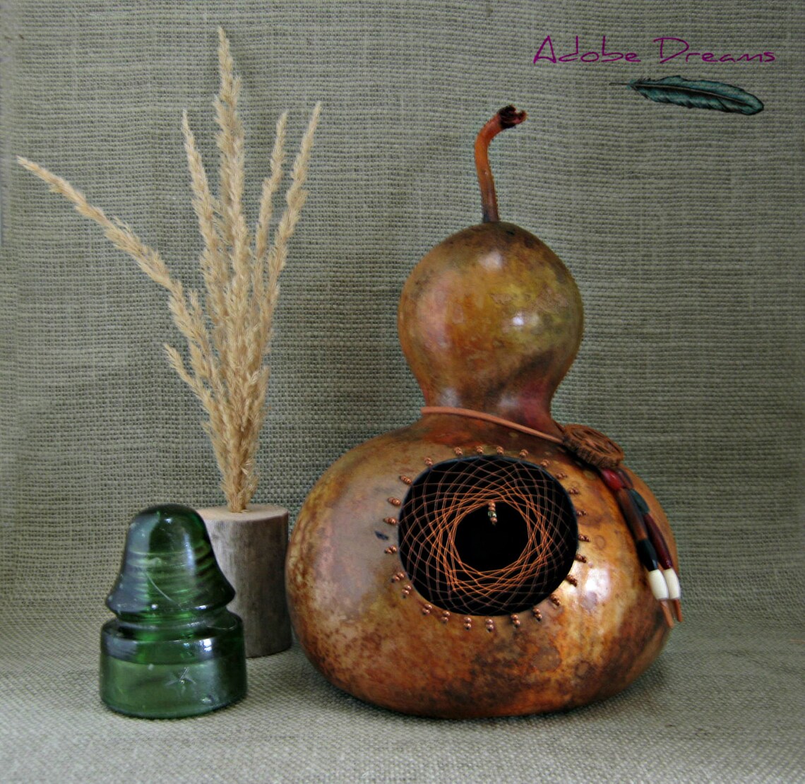 Natural Hand Stained Gourd With Dream Catcher, Beads, Walnut Shell ...