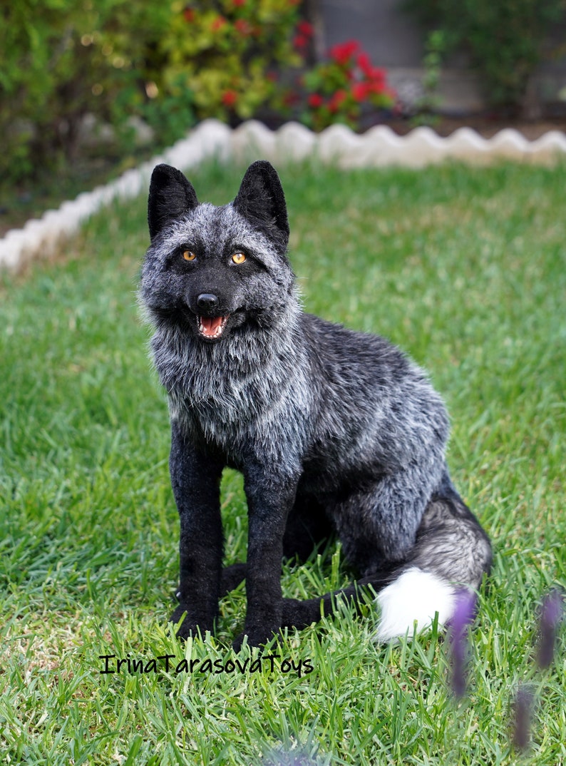 Silver Fox Realistic Replica Animal Black Stuffed Wild Dog Collectible ...