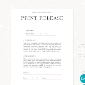 Photo Print Release Form Letter Size, Photography Forms, Forms for Photographer, Photography ...