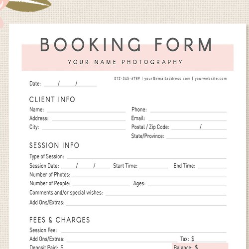 Client Booking Form Business Forms for Photographers | Etsy