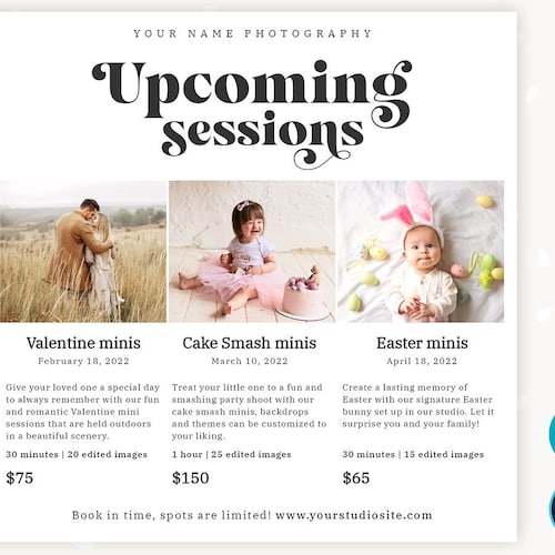 Upcoming Sessions Photography Template Mini Sessions Calendar - Etsy