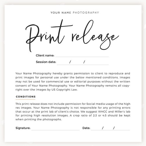 Photo Print Release Form Card Photography Forms Forms for - Etsy