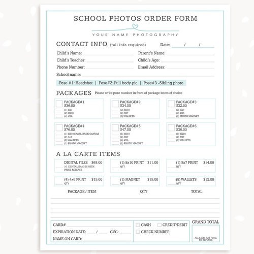School Photography Order Form Photography Forms School - Etsy