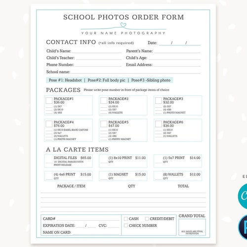 School Photography Order Form Photography Forms School - Etsy
