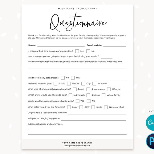 Photography Questionnaire Template Family Photography - Etsy