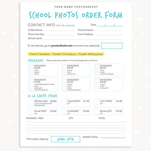 School Photography Order Form Photography Forms School - Etsy