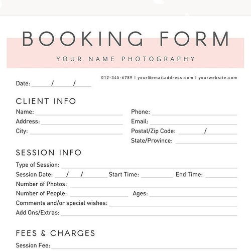 Photography Forms Client Booking Form for Photographer Form - Etsy