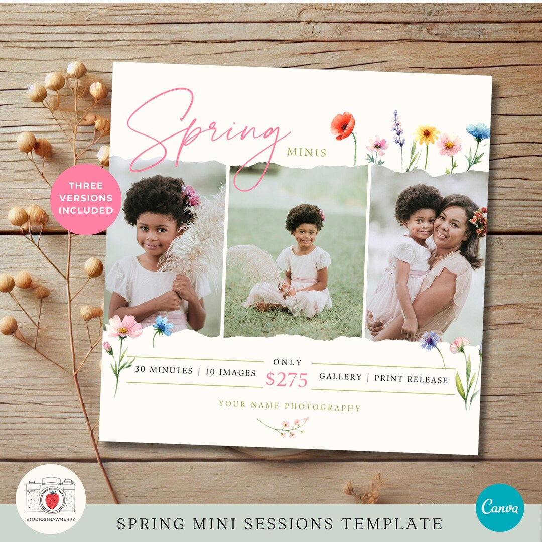 Spring Mini Sessions Canva Template | Three-photo Floral Marketing ...